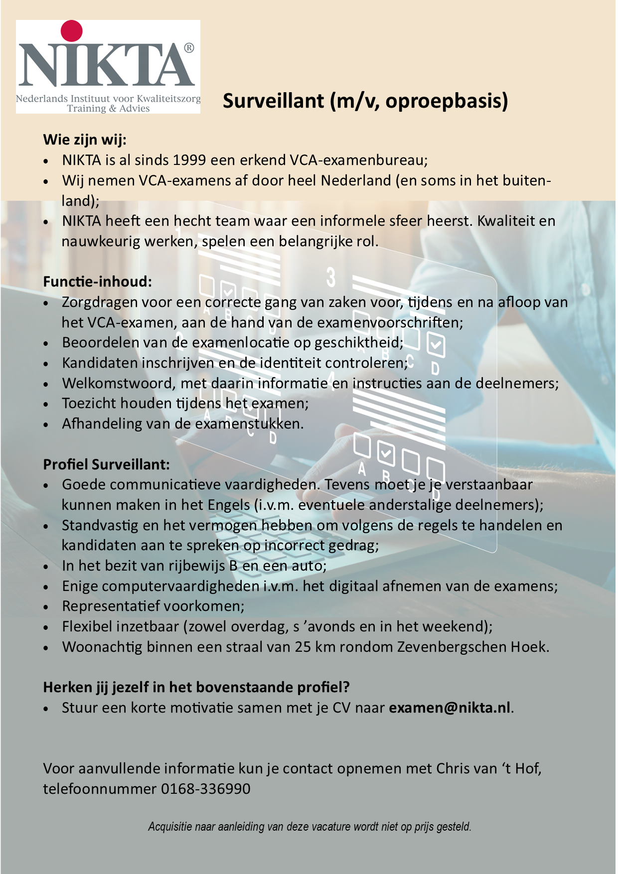 Vacature Surveillant - NIKTA